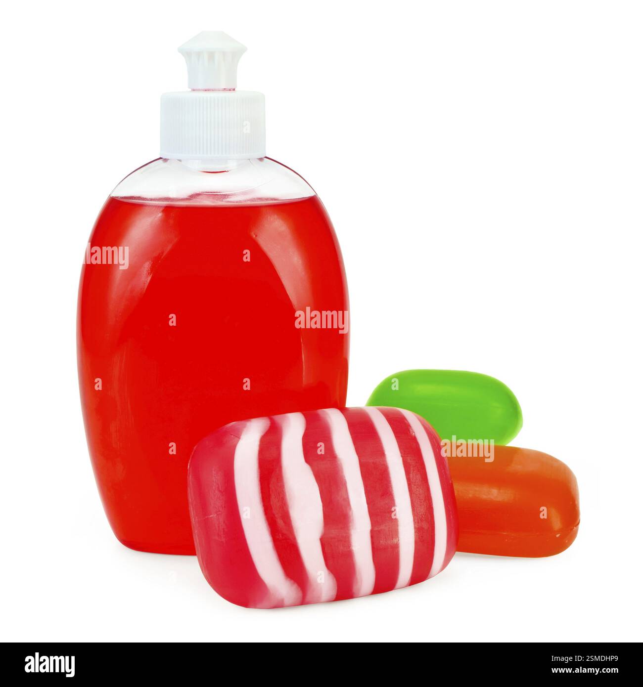 Red liquid soap in a bottle, solid red, green and striped soap isolated ...