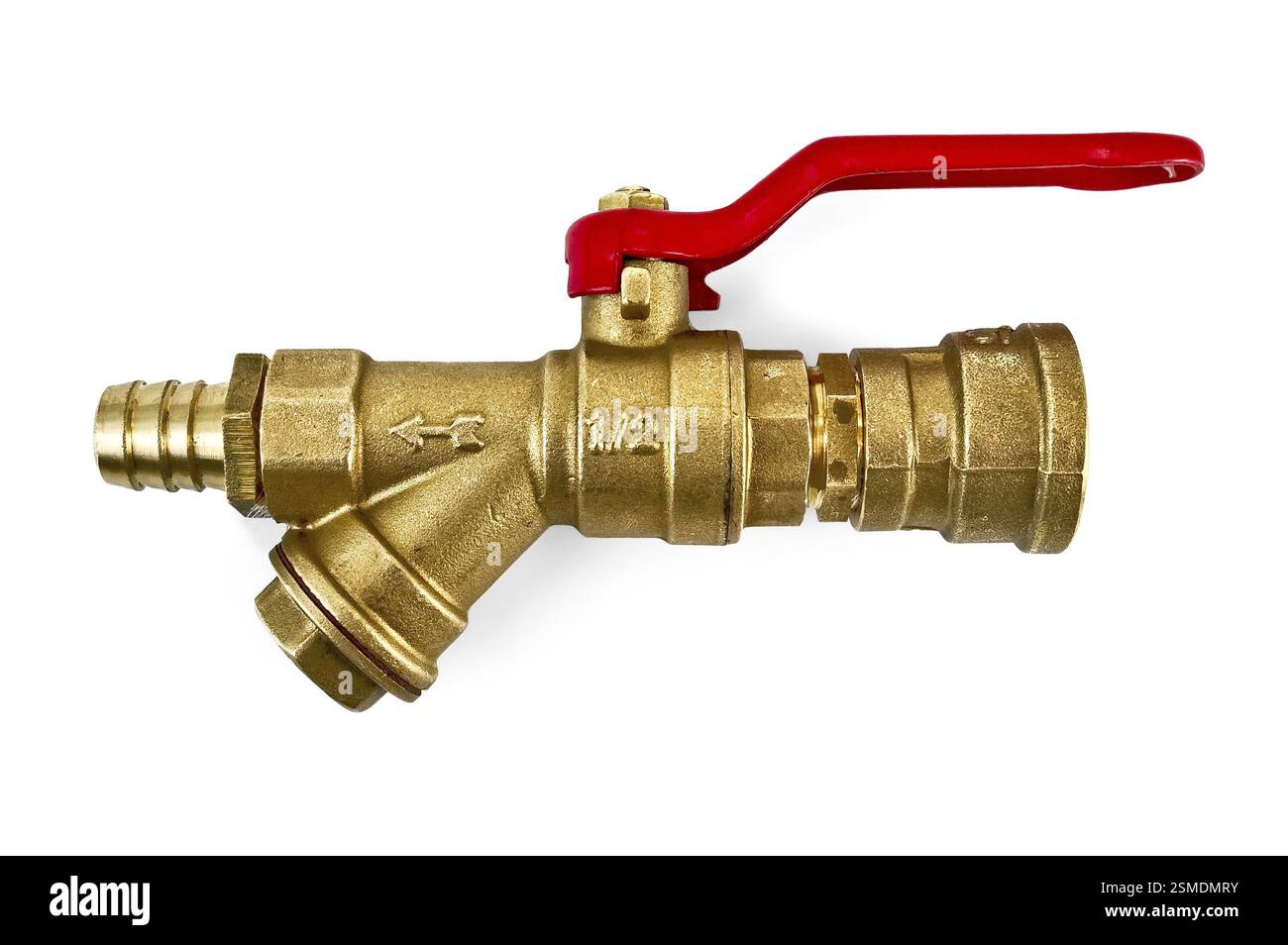 Water taps in the assembly with adapters made â€‹â€‹of brass with a red ...