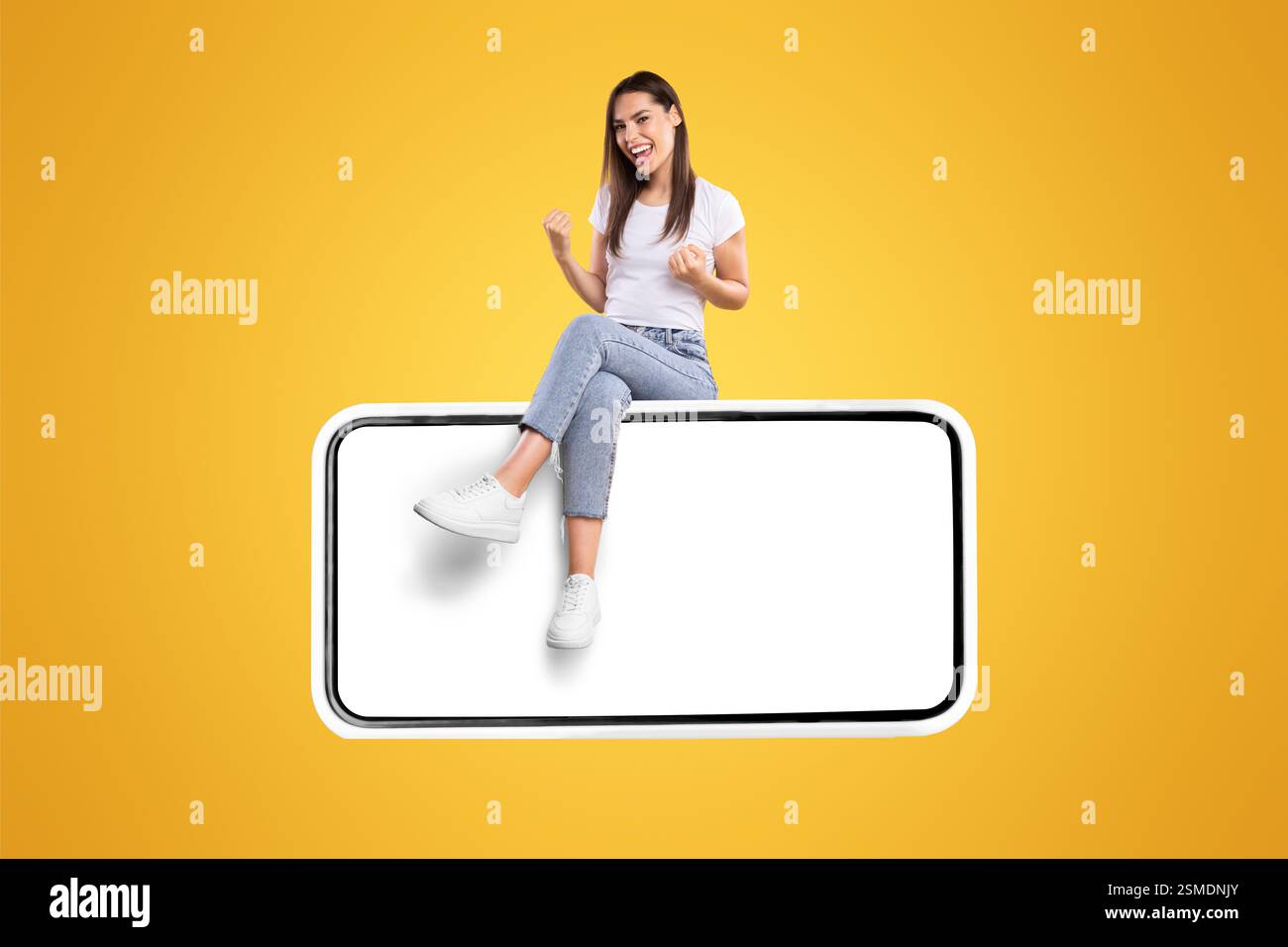 Yes. Woman sitting on white empty smartphone screen Stock Photo - Alamy