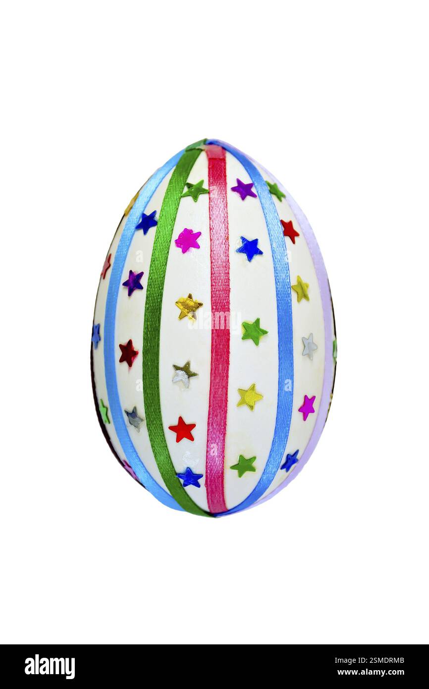 One easter egg, decorated with multicolored braid and sparkles in the form of stars isolated on ...