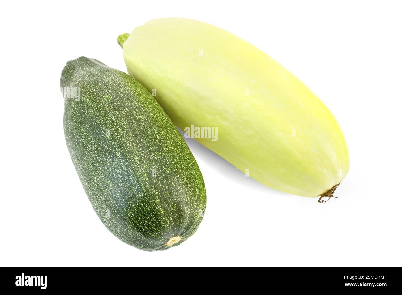 Two different types of yellow and green squash isolated on a white ...