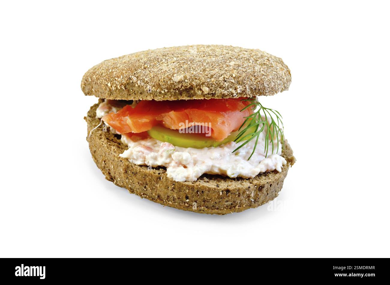 Sandwich of rye bun with cream, cucumber, dill and salmon isolated on ...