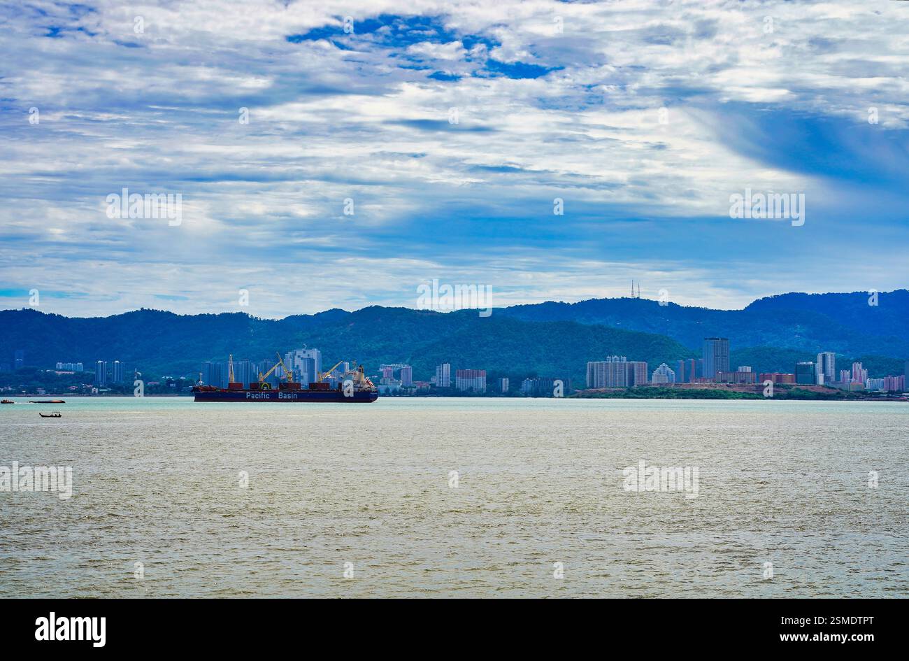 View of container ships, skyline of Georgetown and Penang Hill from the ...