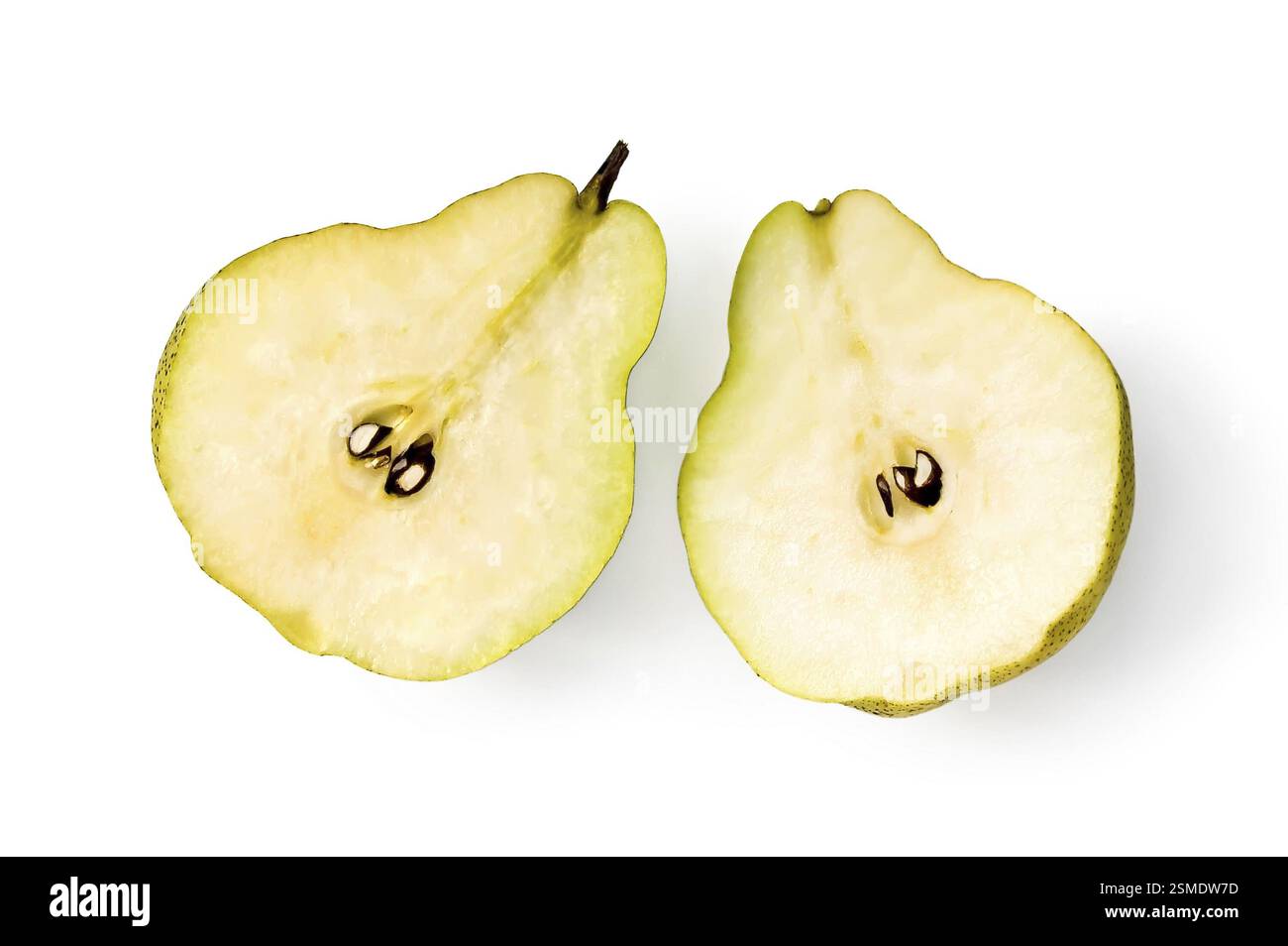 Two halves chopped pears isolated on a white background, Russia, Europe ...