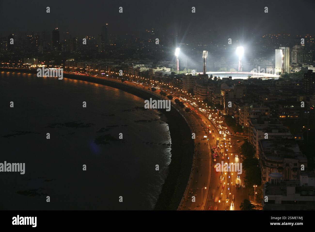 An aerial view of the Marine Drive and Wankhede stadium at night ...