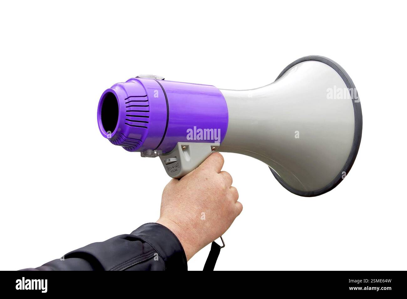 Megaphone and gray and lavender colors in a hand of man isolated on ...