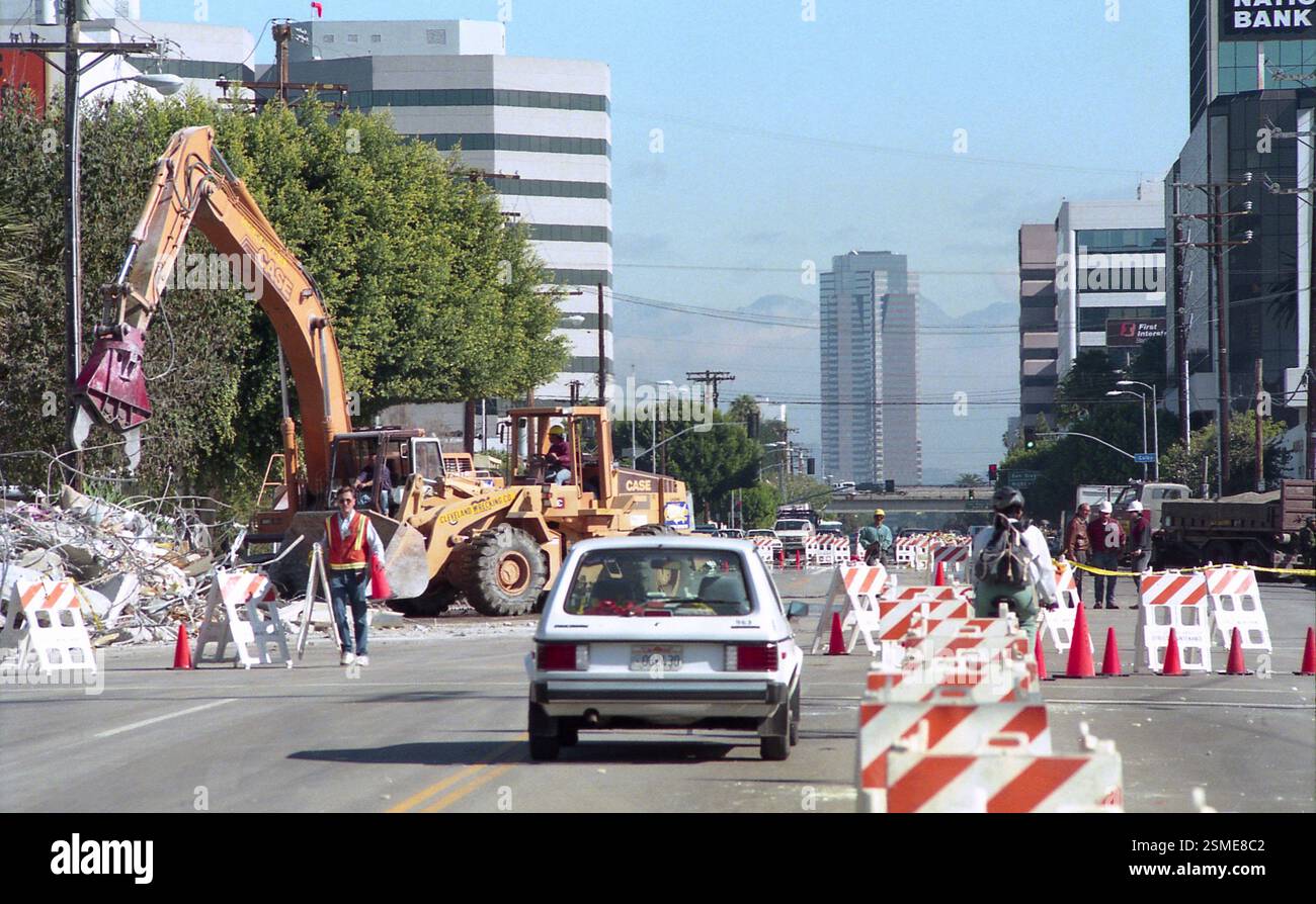Los Angeles, CA, USA, January 1994. Cleaning up debris in downtown L.A ...