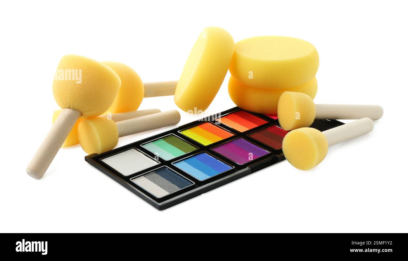 Bright face paint palette and sponges isolated on white Stock Photo - Alamy