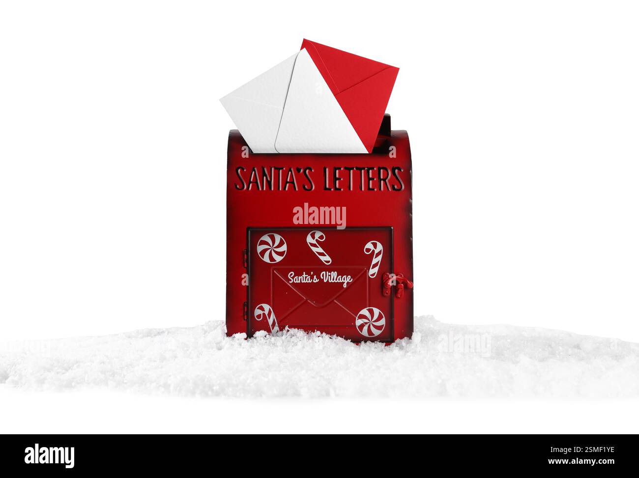 Santa Claus mail box with letters on artificial snow against white ...