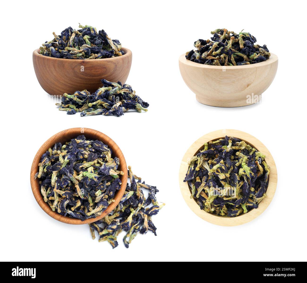 Butterfly pea flower tea. Dried Clitoria ternatea petals in bowls ...