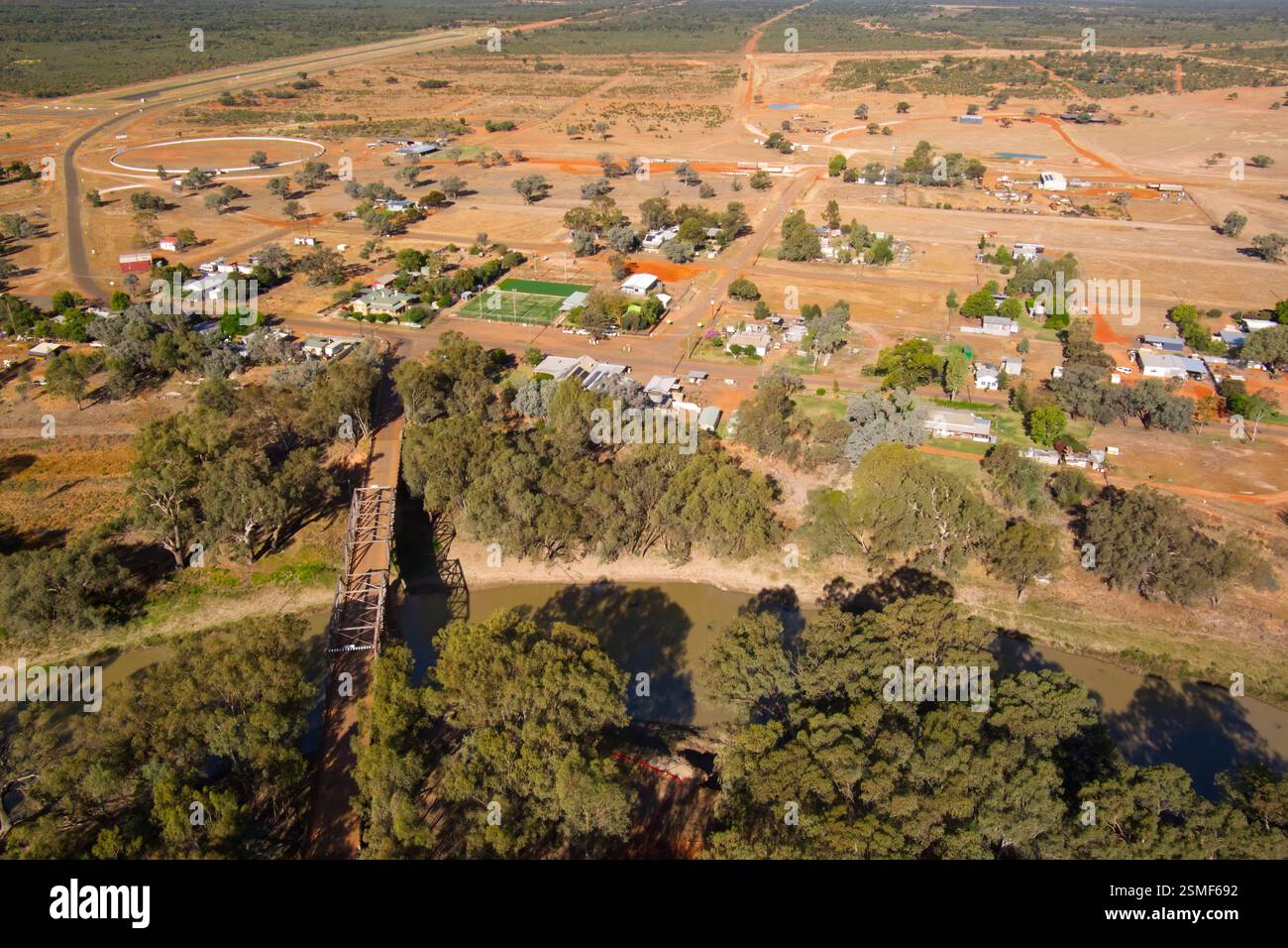 Aerial of the Darling River as it passes the historic village of Louth ...