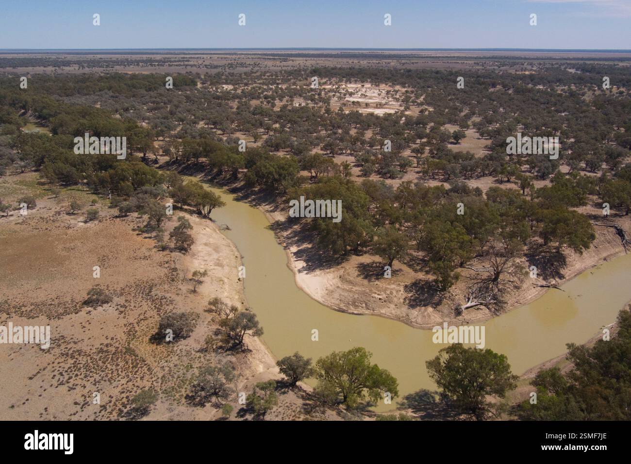 Aerial of a bend in the Darling River near Louth New South Wales ...