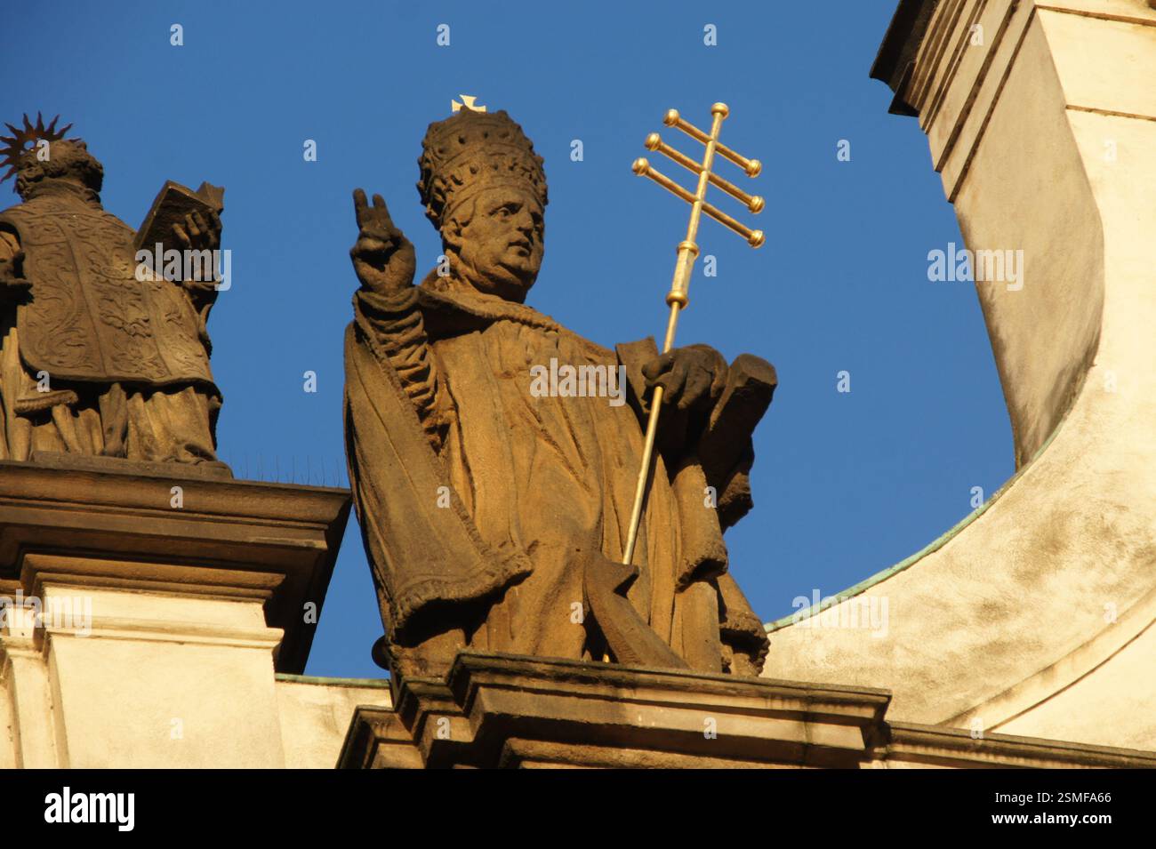 St. Prokop statue, Czech Republic. Wearing bishop's mitre and holding ...