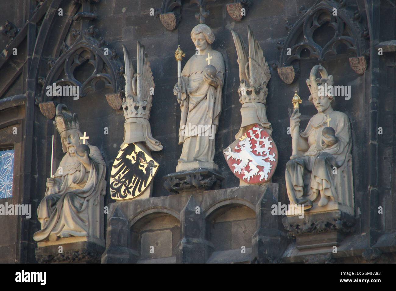 Old Town Bridge Tower. Gothic architecture with statues of saints and ...
