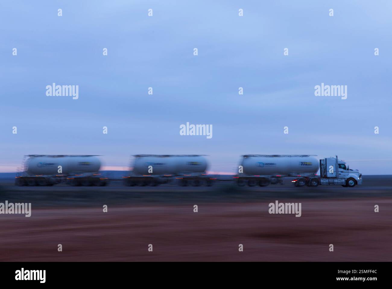 Side view of triple B tanker Road Train on the Stuart Highway South ...