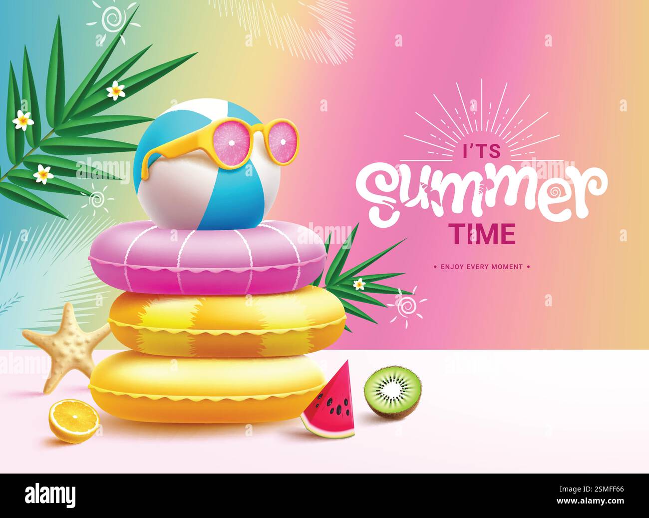 Summer time vector design. It's summer time greeting text with colorful floaters and beachball ...