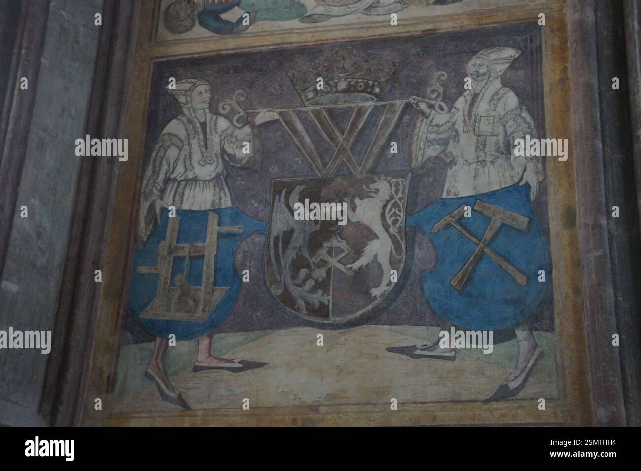 Fresco. Two figures holding a crown above a shield with a lion and ...