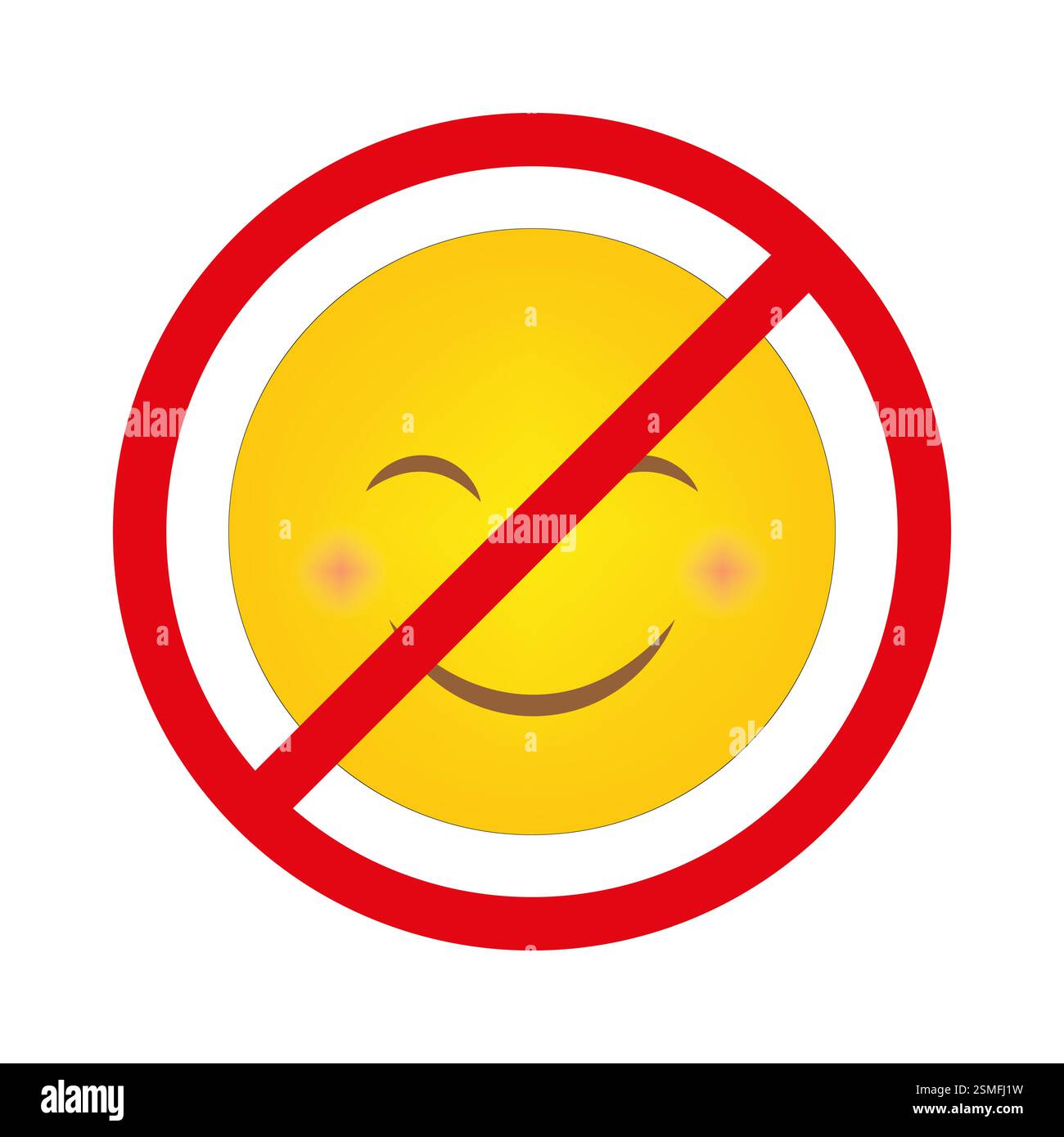 No smile emoji. Prohibited happy face. Crossed red symbol. Warning ...
