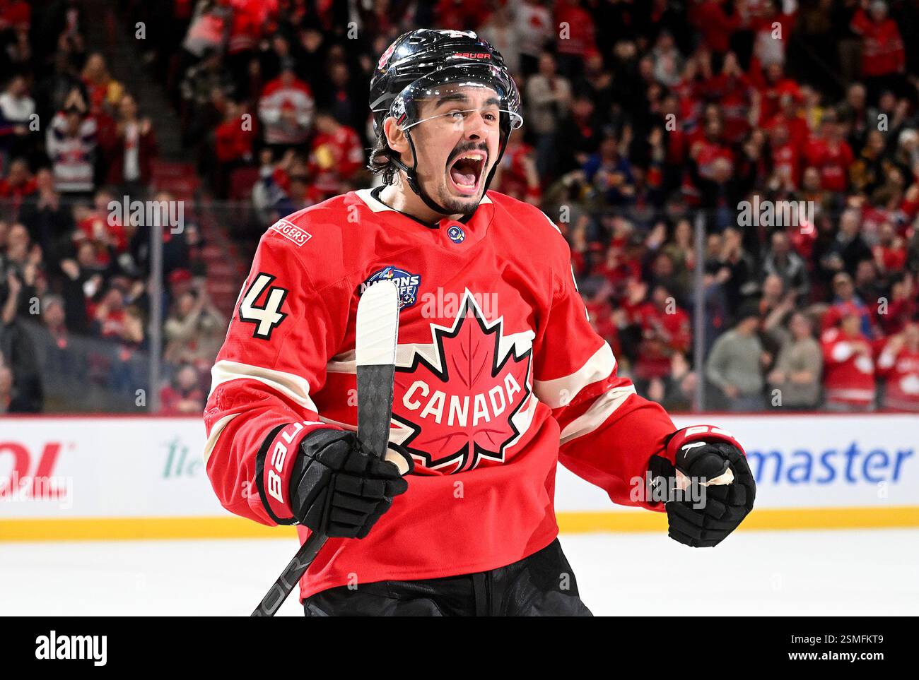 Canada's Seth Jarvis (24) reacts to a goal by teammate Brad Marchand, not shown, against Sweden ...