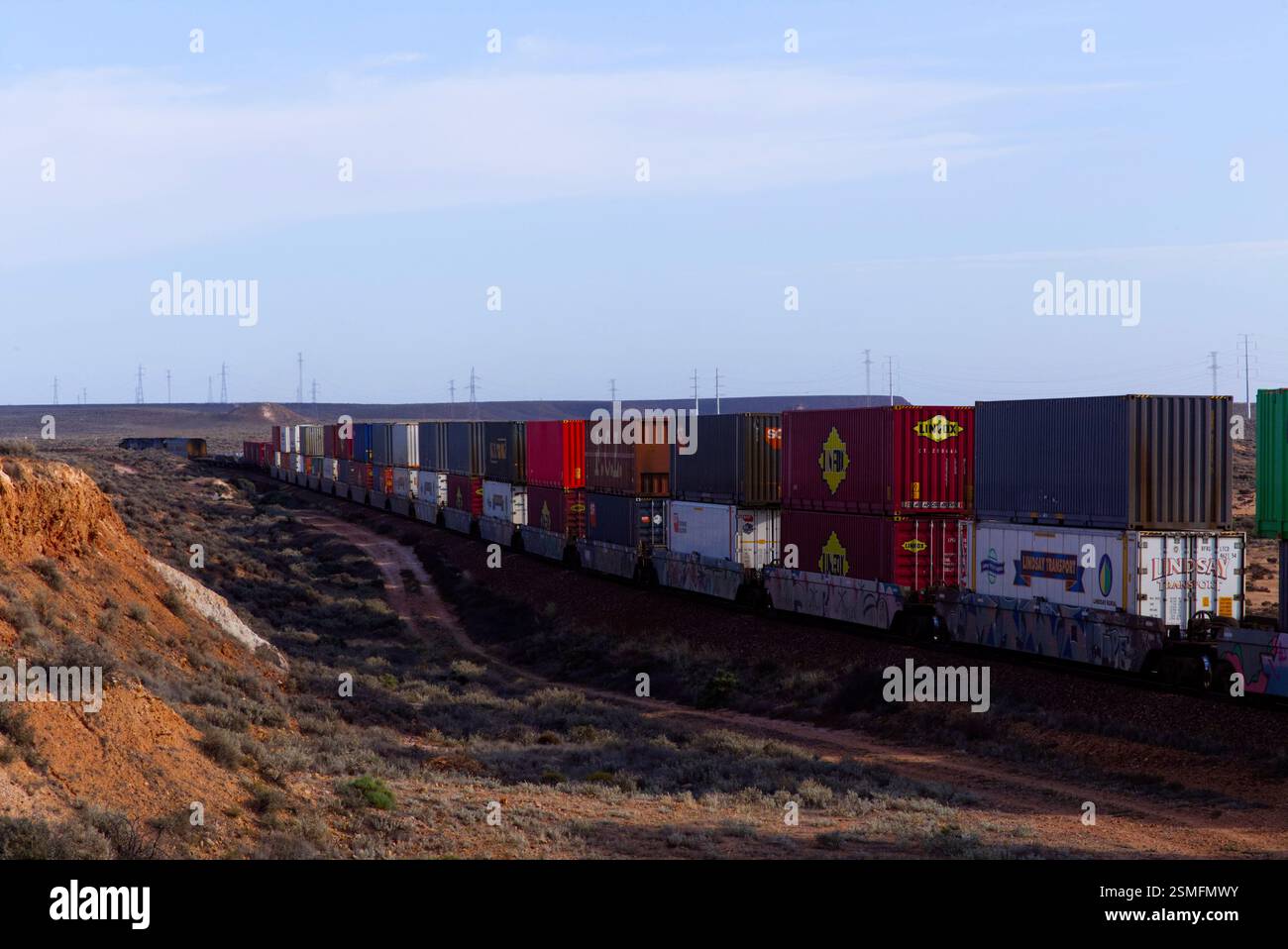 Intermodal Double stacked container freight train passing in front of the Flinders Rangers near ...