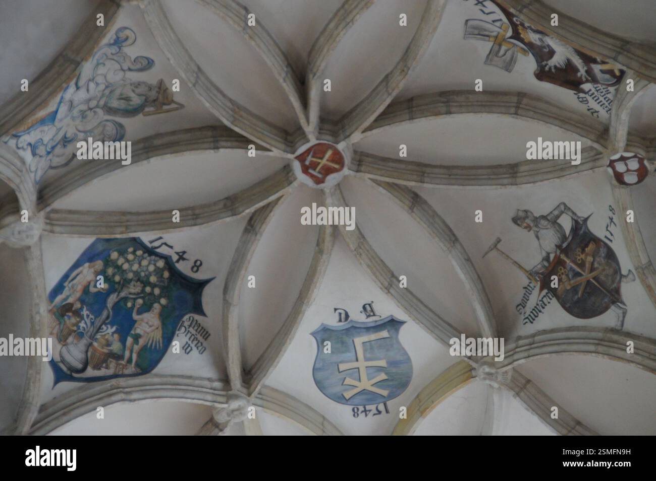 Gothic ceiling Czech Republic. Ornate patterns and symbols. Religious ...