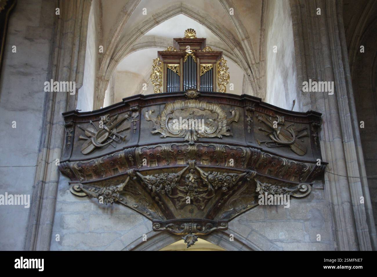 Czech Republic: Pipe organ. Ornate golden pipes and carvings. Powerful ...