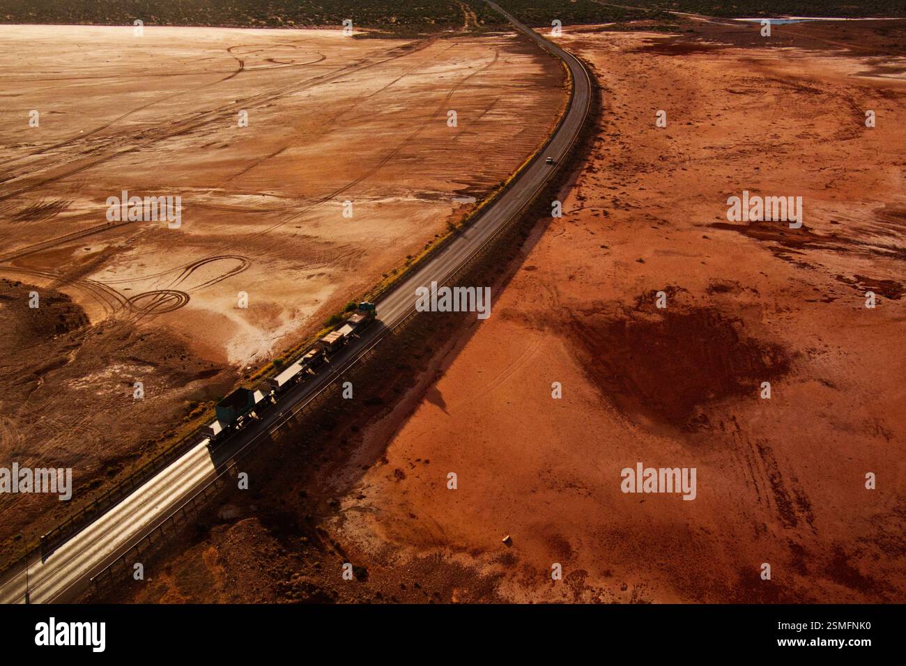 Aerial of a Road Train on the Stuart Highway as it passes through the ...