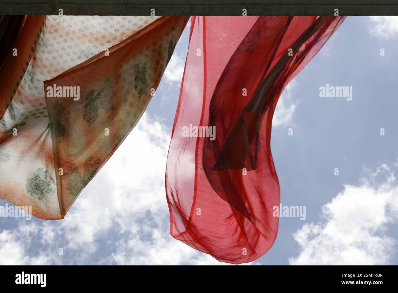Indian traditional ladies wear saris flying in air against white clouds ...
