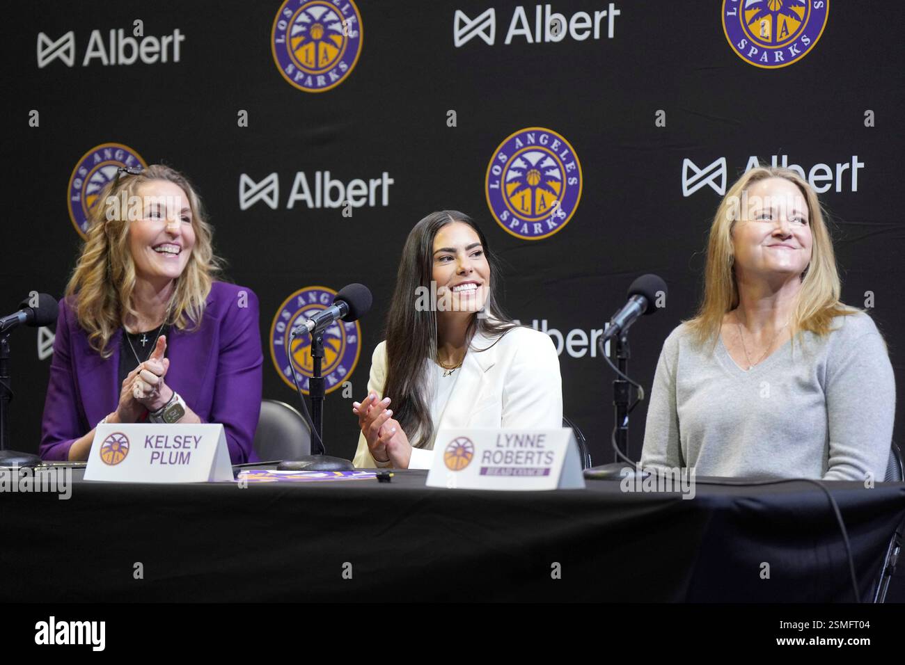 LA Sparks general manager Raegan Pebley (left), guard Kelsey Plum ...