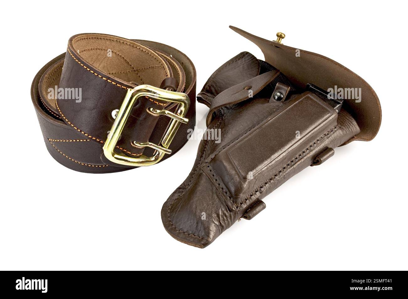 Wide roll of brown belt with a shiny yellow buckle and holster the gun ...