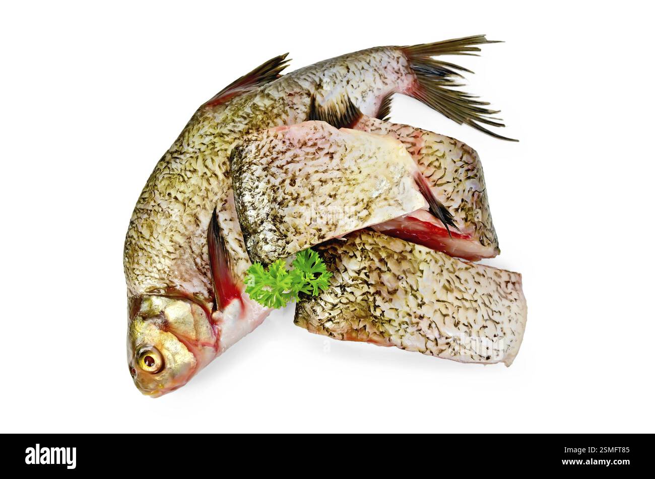 Bream whole peeled and cut into chunks, parsley isolated on white ...