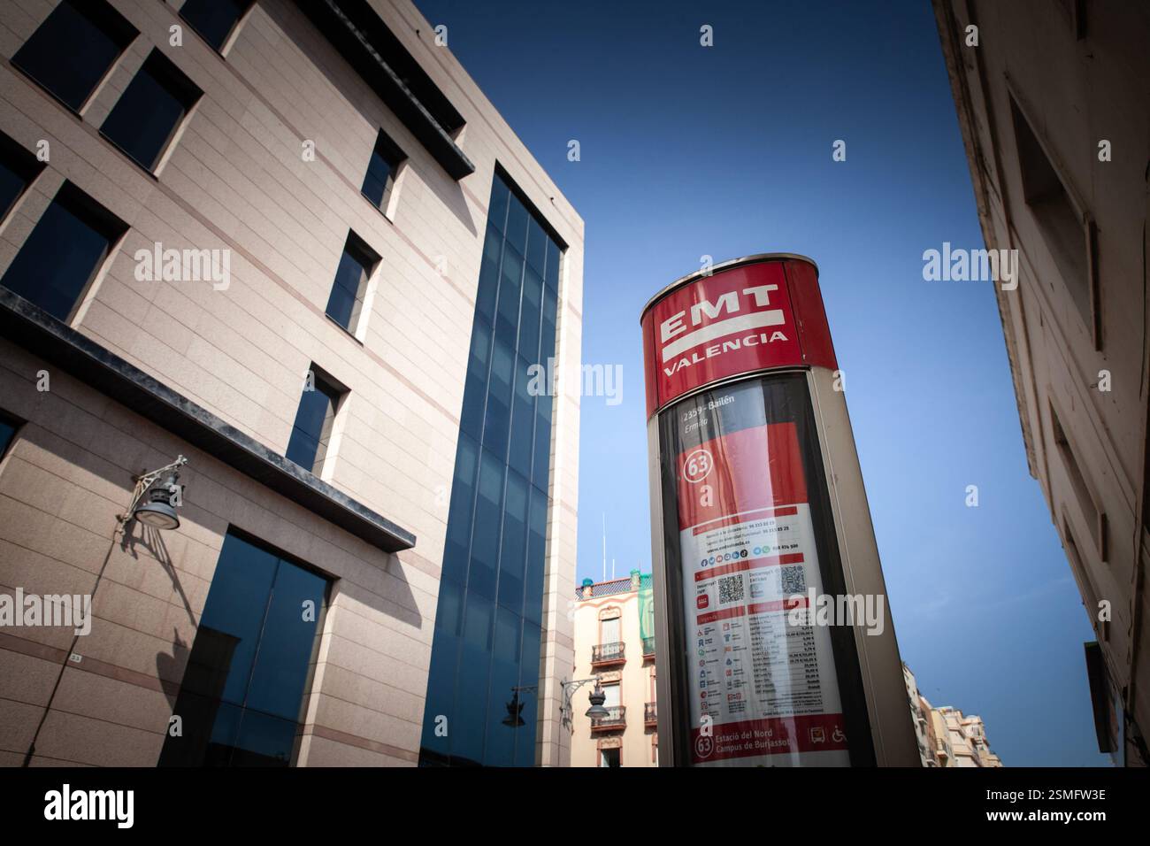 VALENCIA, SPAIN - OCTOBER 13, 2024: Logo of EMT valencia on a bus stop ...