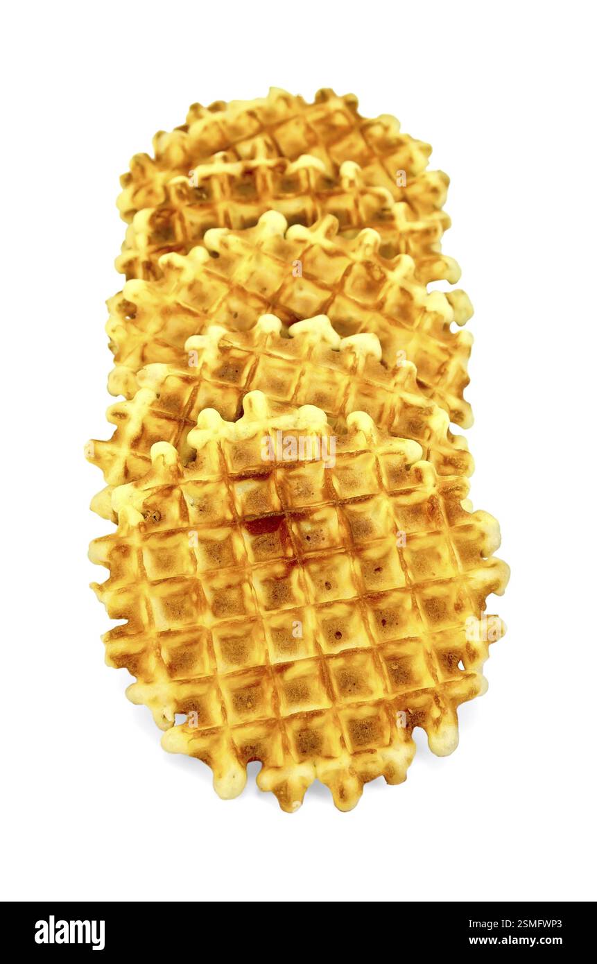 A number of golden round waffles isolated on white background Stock ...