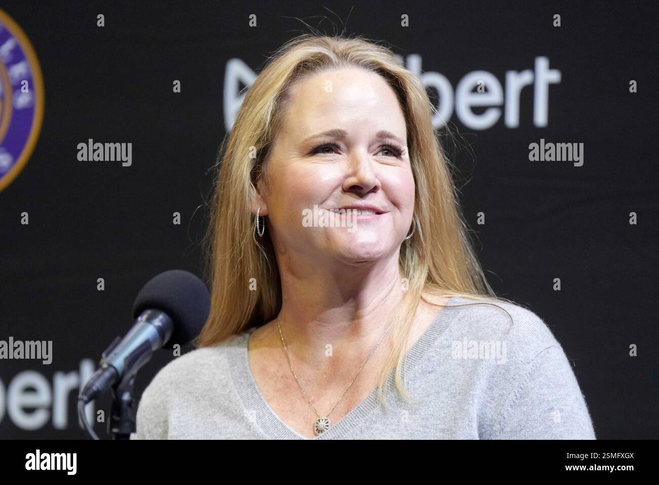LA Sparks coach Lynne Roberts at a WNBA press conference, Wednesday ...