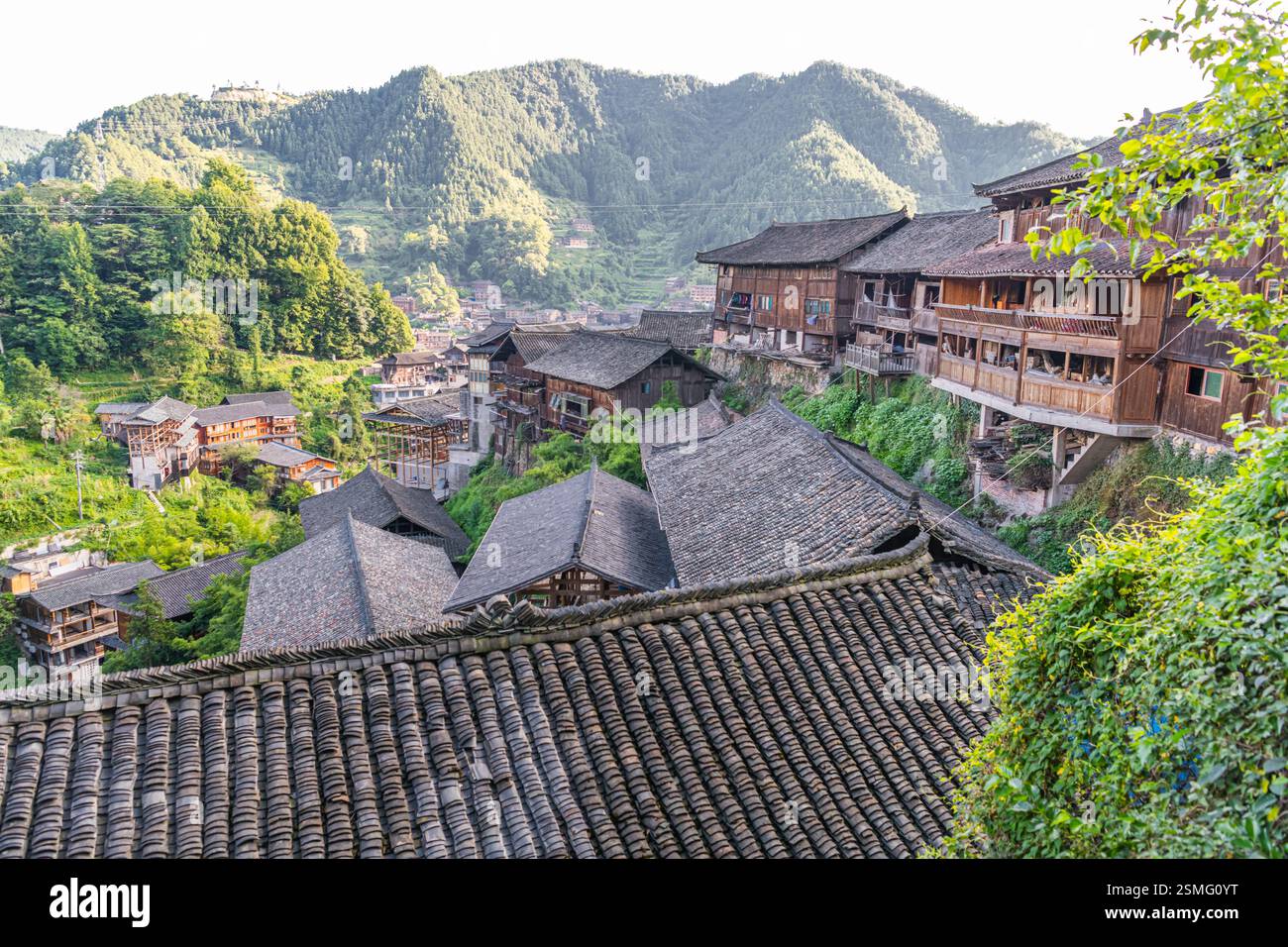 Aerial view of ancient remote village in Guizhou, China, background ...