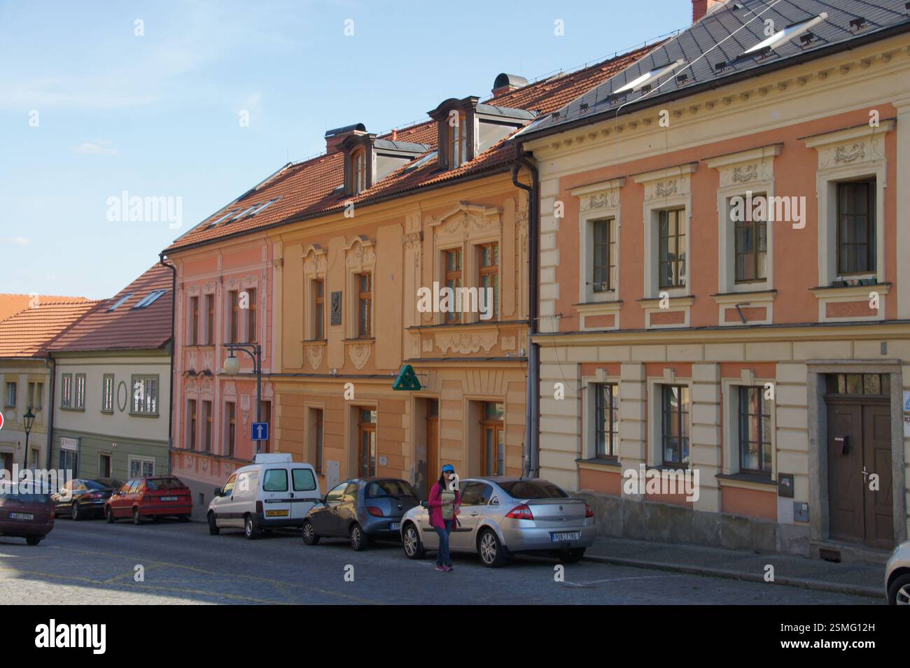 Street scene in Czech Republic. Colorful buildings with ornate facades ...