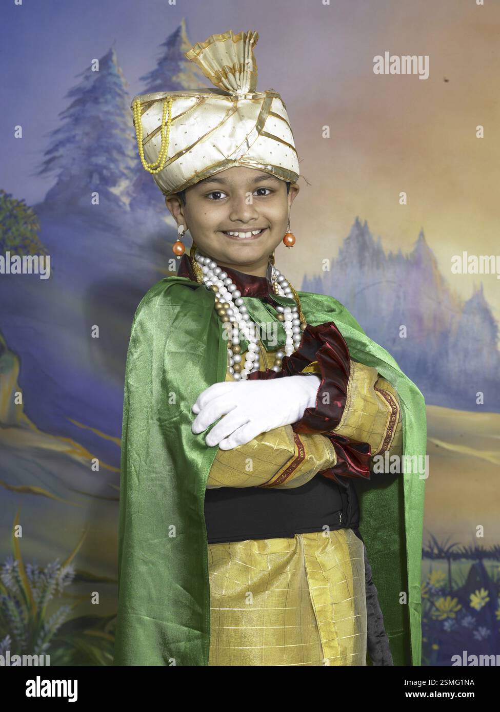 South Asian Indian boy dressed as prince performing fancy dress ...