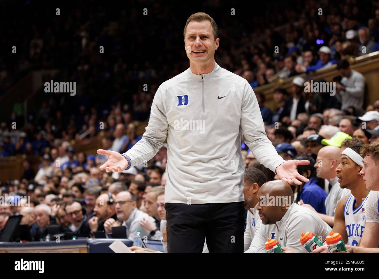 Duke head coach Jon Scheyer reacts to a call during the first half of ...