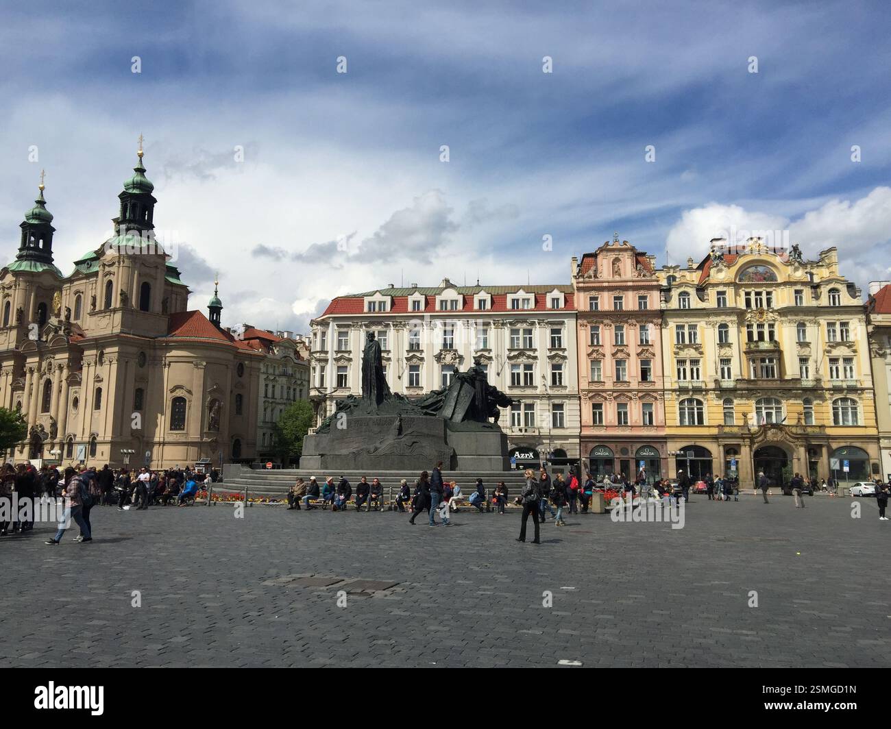 Jan Hus monument, a stone statue of Jan Hus, a Czech religious reformer ...
