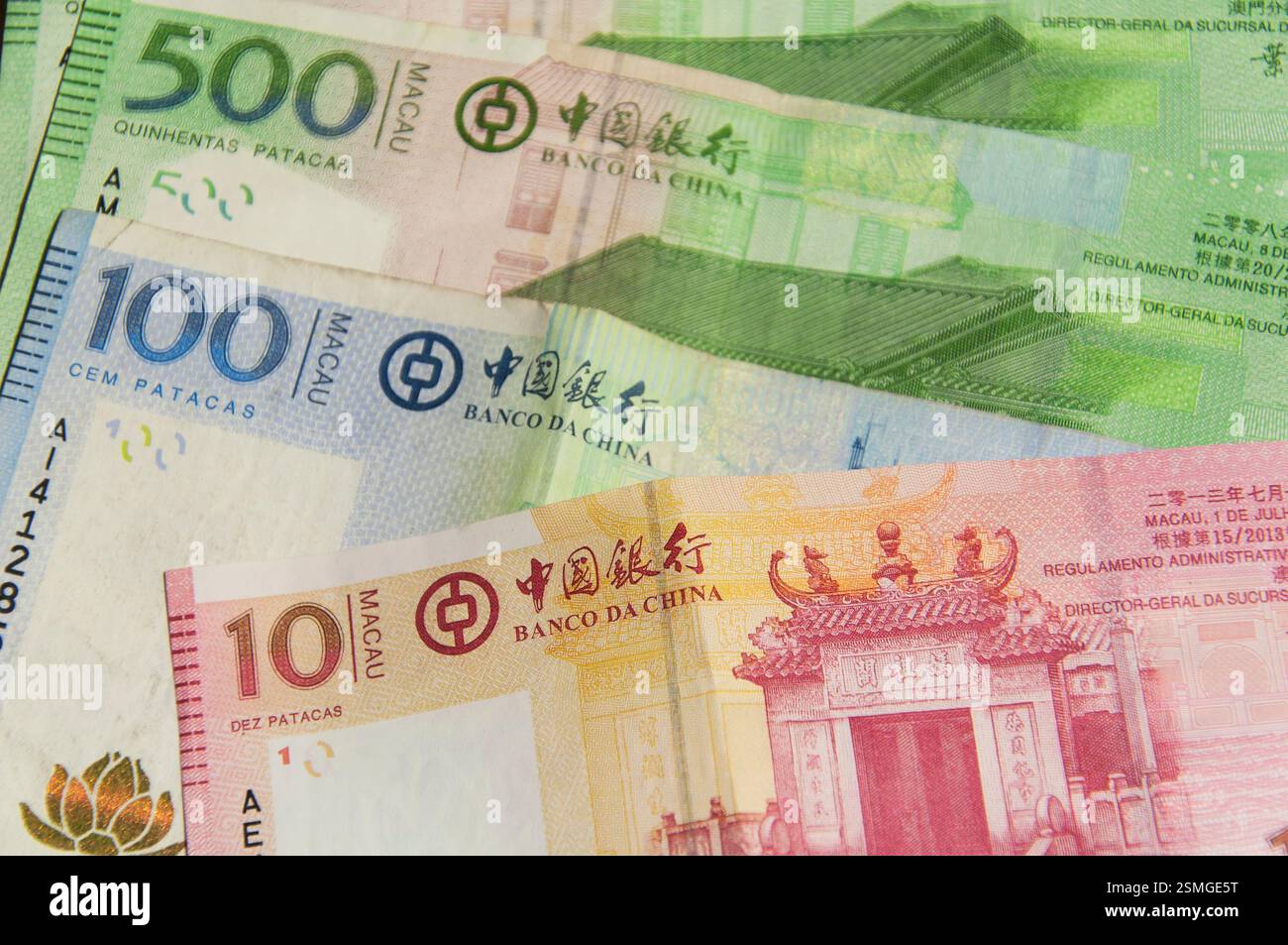 The colorful 10, 100 and 500 patacas bills from Macau China Stock Photo ...