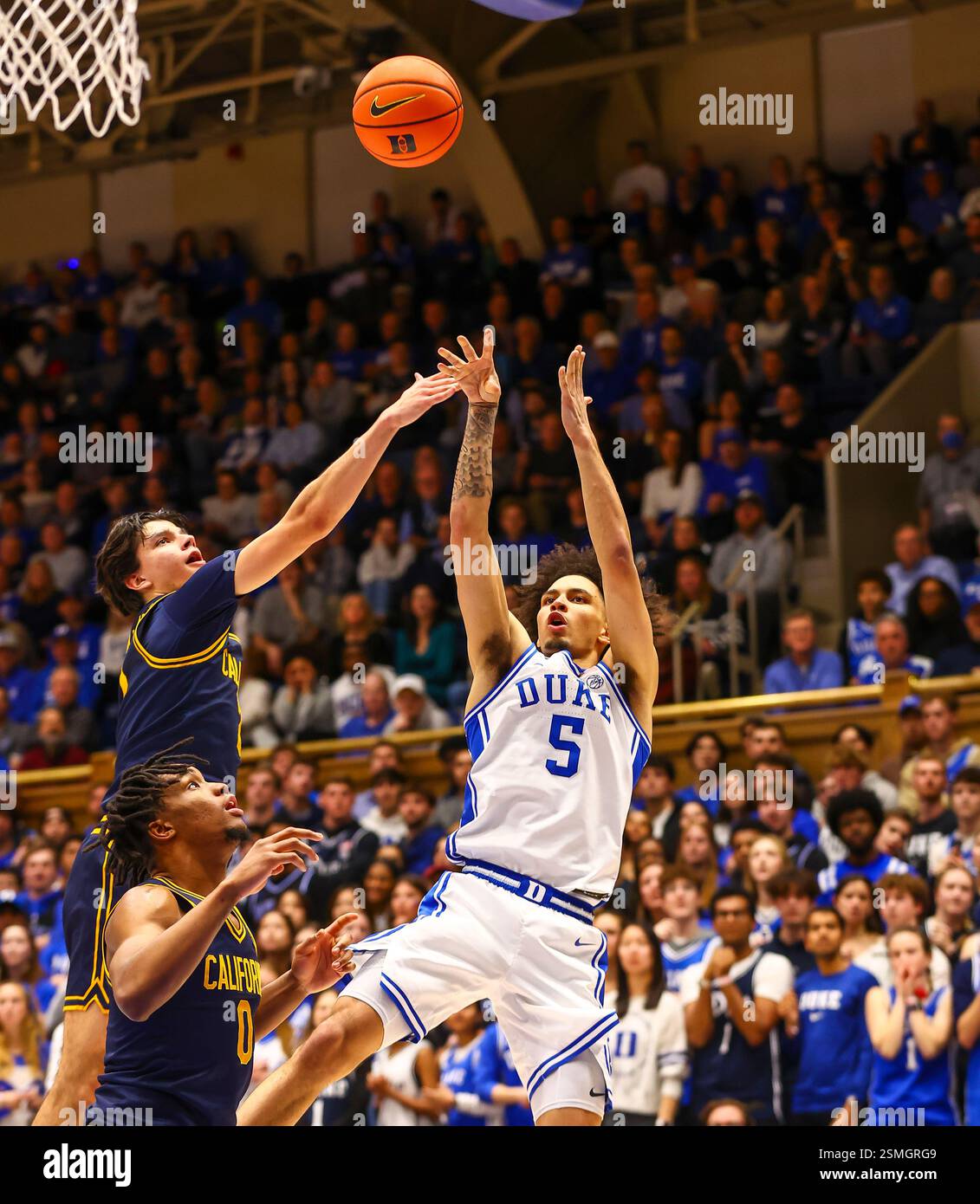 February 12, 2025: Duke guard Tyrese Proctor (5) shoots jumper during 1st half. NCAA basketball ...