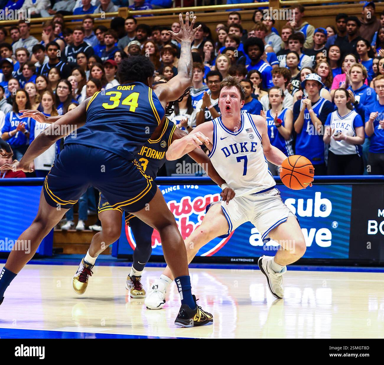 February 12, 2025: Duke forward Kon Knueppel (7) dribbles ball during 1st half. NCAA basketball ...