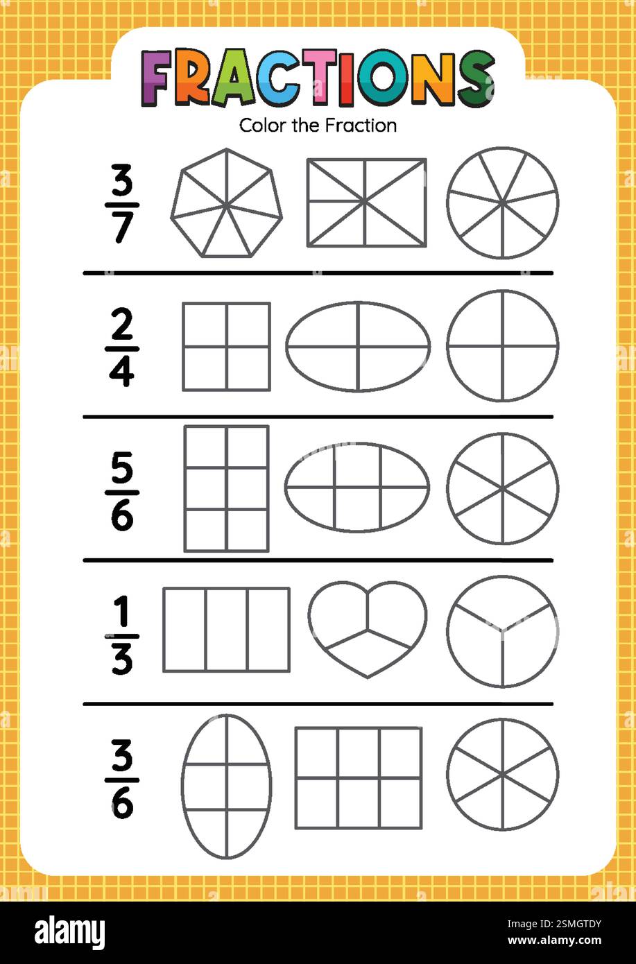 Educational worksheet featuring various fraction shapes Stock Vector ...