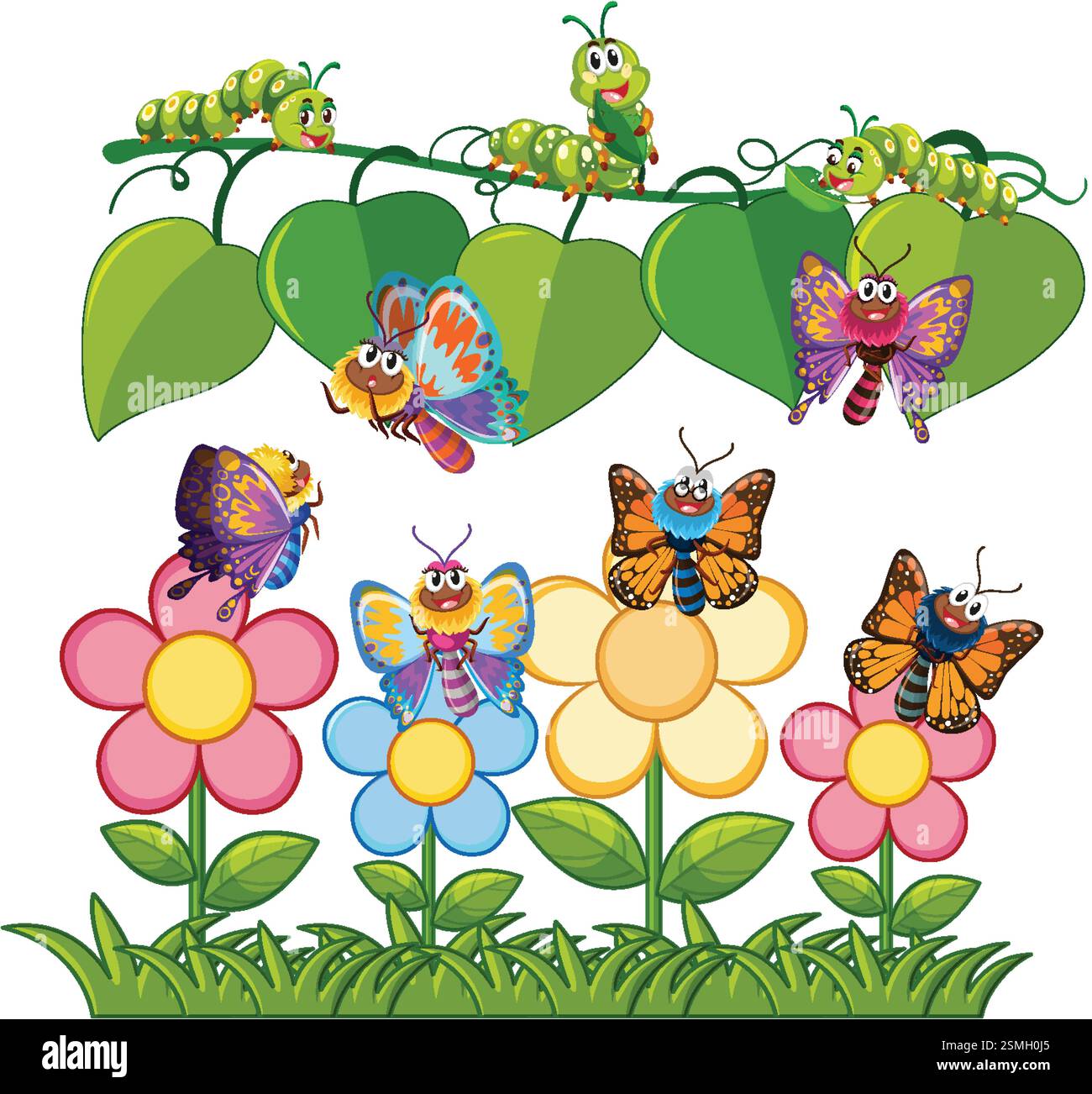 Vibrant butterflies and caterpillars among blooming flowers Stock ...