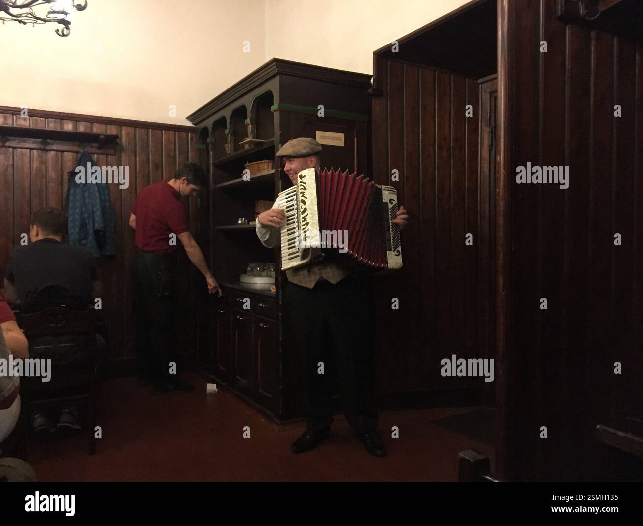 An accordionist plays lively music in a bustling beer pub. Czech ...
