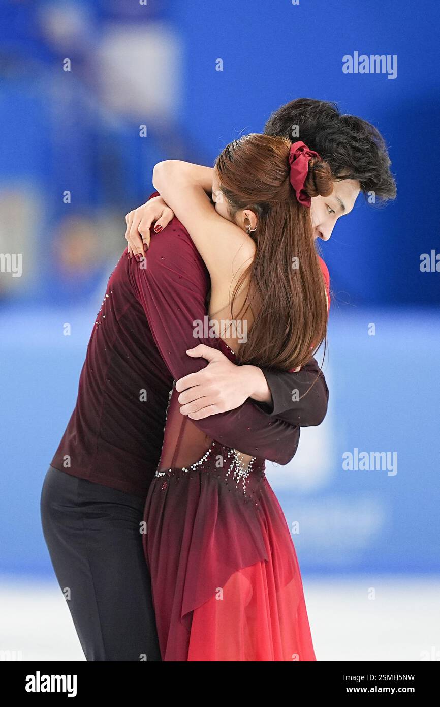 Harbin,China.12th February 2025. Ren Junfei and Xing Jianing hug after ...
