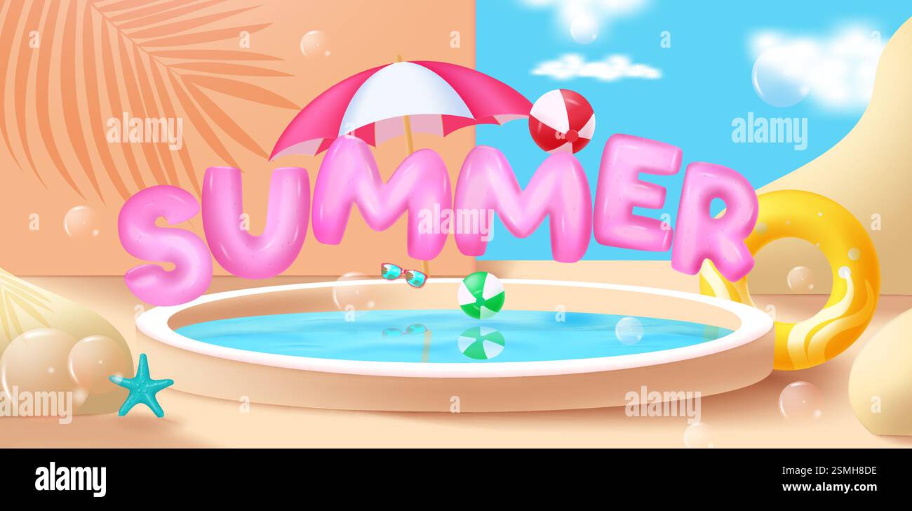 Summer 3d text vector design. Swimming pool with umbrella, floaters ...