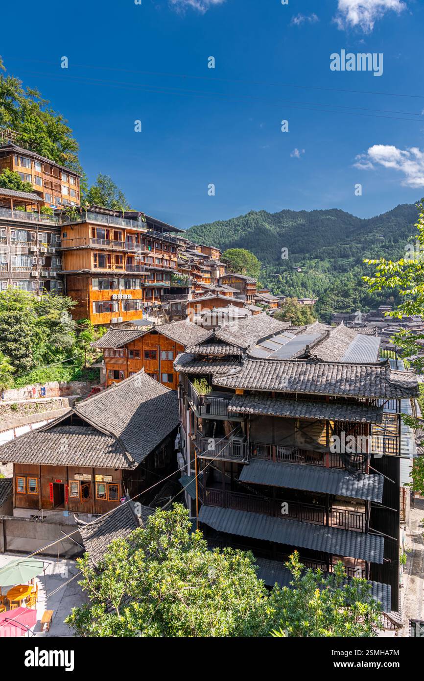 The roofs of the traditional wooden houses of Xijiang Miao ethnic ...