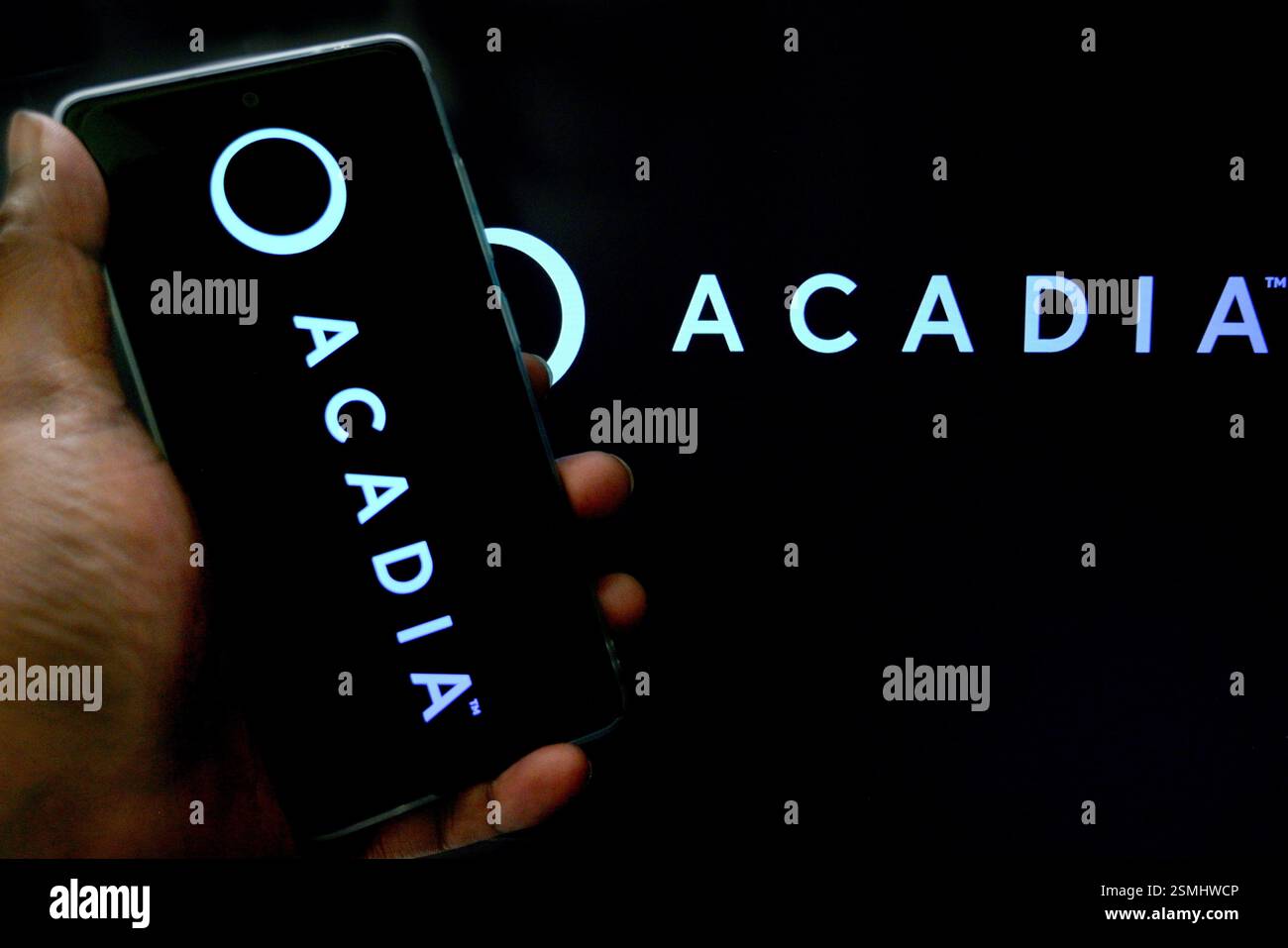 In this photo illustration, an Acadia logo is seen displayed on a ...