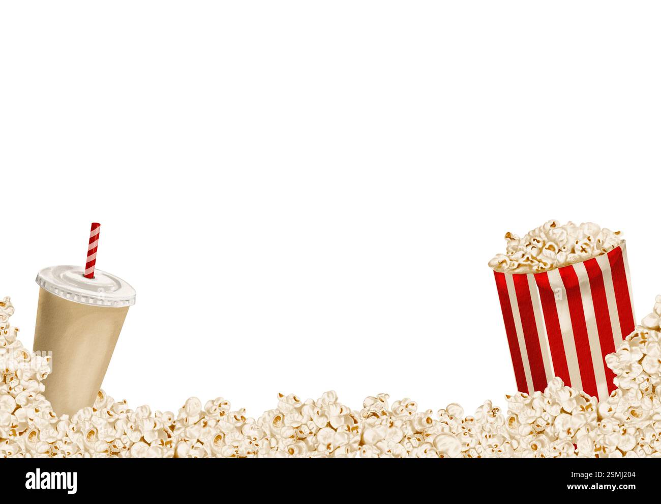 Popcorn crumbles and flies. corn in a paper bag. Drink in a paper glass ...
